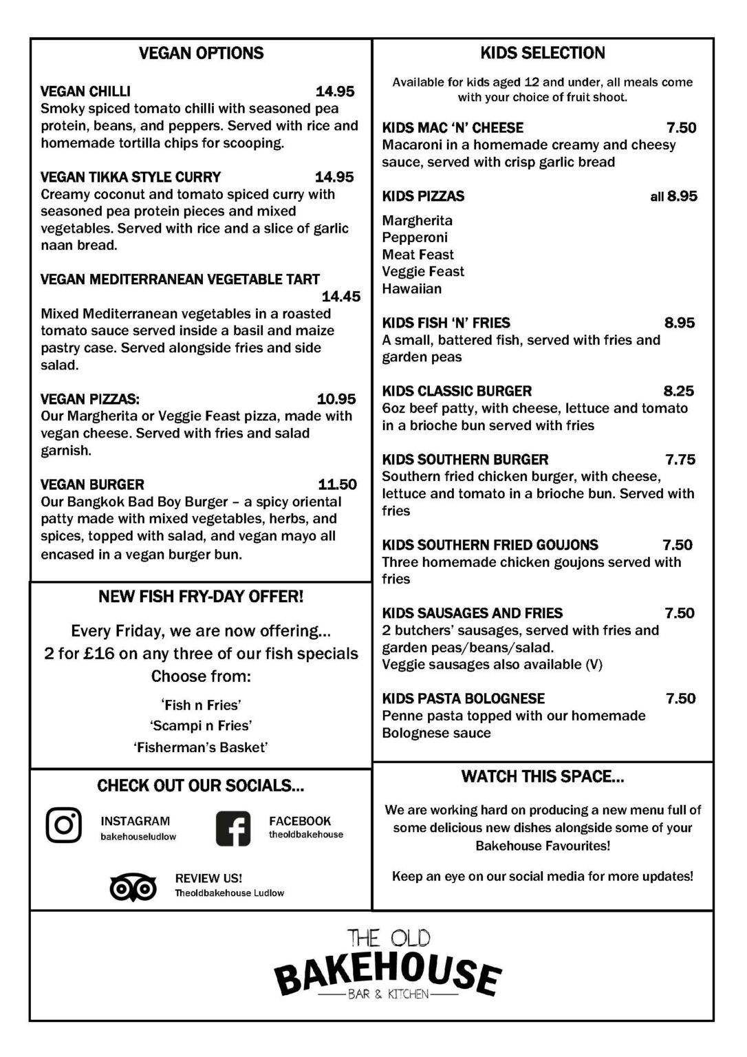 Menus - the old bakehouse ludlow